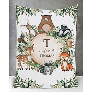 NAZENTI Woodland Blanket, Personalized Baby Girl Blanket, Rustic Botanical Woodland Baby Animals Monogram Baby Blanket, Baby Boy Blanket, (30x40, 50x60, 60x80 Inches)
