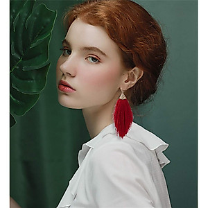 Fashion Bohemian Silky Thread Fan Fringe Tassel Statement Earrings - Lightweight Strand Feather Shape Dangles Earring 4 pcs (Black+White+Beige+Dark red)