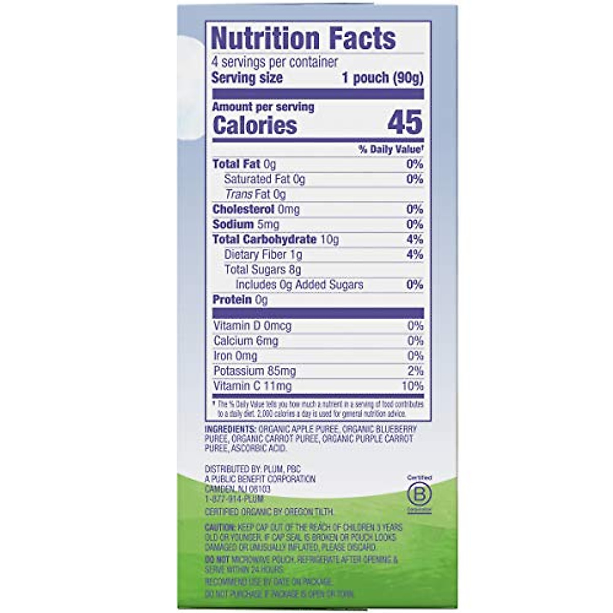 Plum Organics Applesauce, Blueberry & Carrot, 3.17 Oz, 4 Ct