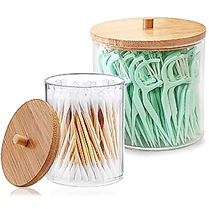 BAOFUFU 2 Pieces Acrylic Qtip Holder with Bamboo Lids, Clear Round Apothecary Jars Bathroom Organizer for Cotton Swab Ball Holds Bathroom Jars Dispenser Restroom Storage 15/20 Ounce
