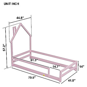 Twin Size Platform Bed, Wooden Platform Bed Frame with House-Shaped Headboard, Floor Bed with Fences for Kids Boys Girls Bedroom (Pink 01)