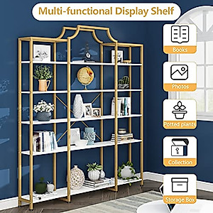 Auromie Triple Wide 5-Tier Bookshelf, 70.87" L x 79.13" H Extra Large Gold Bookcase, Tall Display Shelf with Metal Frame, Freestanding Etagere Storage Display Shelf for Home Office, White Gold