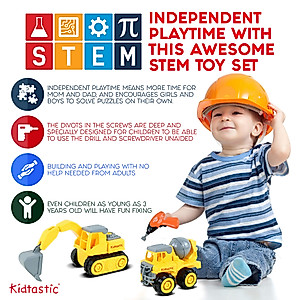 Kidtastic 3 Pack Construction Vehicles Trucks Toys Set, Take Apart STEM Learning Toy with Excavator, Dump Truck, Bulldozer, Tools and Drill Fun Educational Toy for Toddler, Girls and Boys