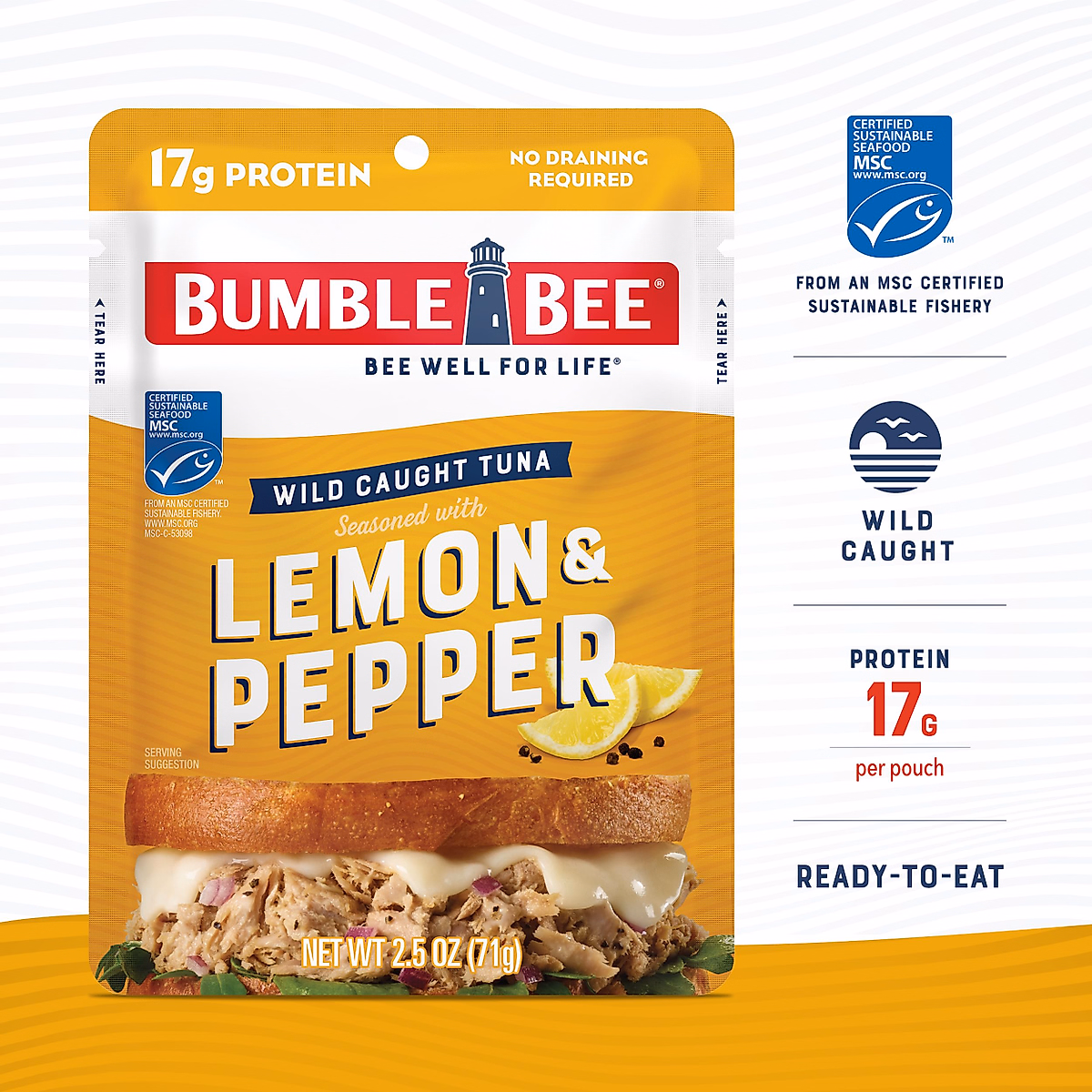 Bumble Bee Lemon & Pepper Seasoned Tuna, 2.5 oz Pouches (Pack of 12) - Ready to Eat - Wild Caught Tuna Packet - 17g Protein per Serving - Gluten Free