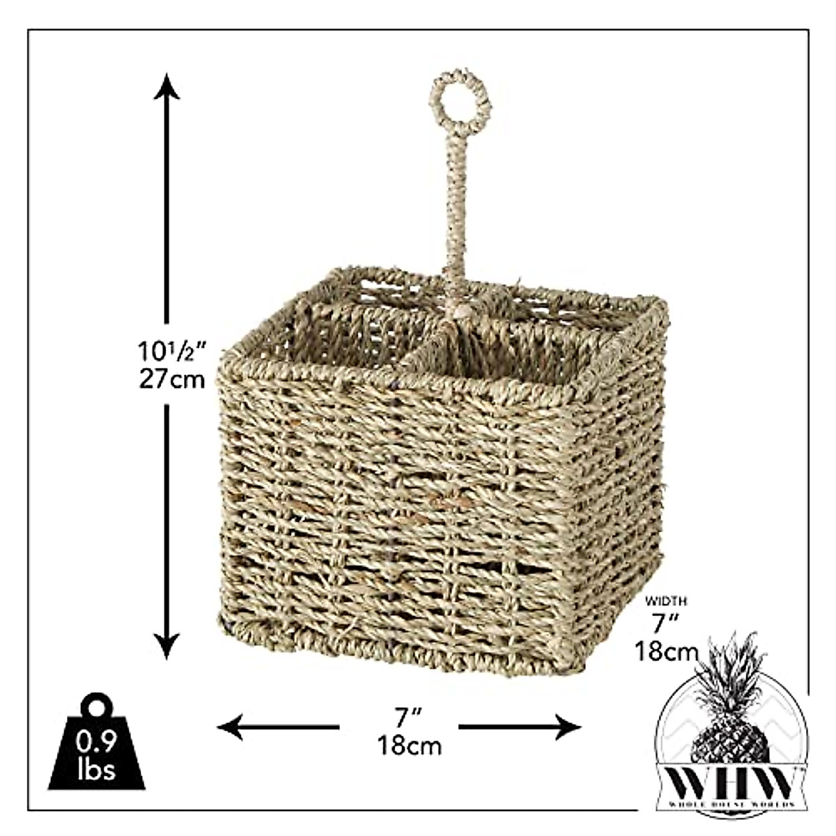 4 Compartment Basket Caddy, Bottle and Condiment Holder, Woven Wicker Over Metal Frame, Seagrass, 10.5 Inches