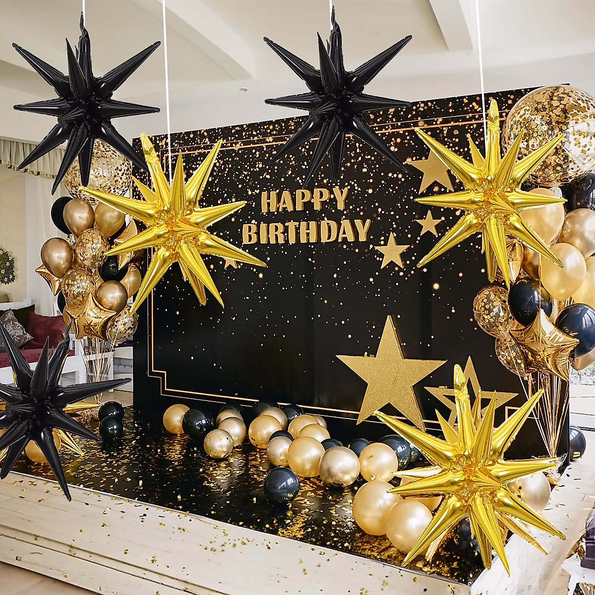 HILAVO 6PCS Black Gold Star Balloons, 22Inch Large Explosion Star Balloon Foil Balloons Spike Balloons Star Cone Balloons for Graduation Retirement Birthday New Year Party Decoration