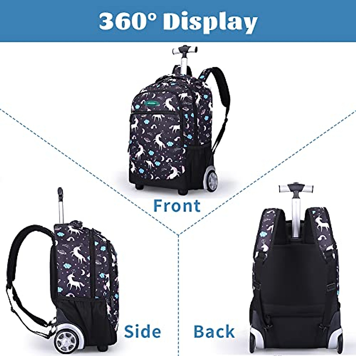 Tanou Rolling Backpack for Kids Adults, 18" Waterproof Backpack with Wheels for Girls Boys, Roller Bookbags for School Travel, Age 7+, Black Horse