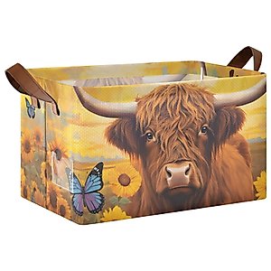 PDZRMY Open Storage Bin Blue Butterfly Highland Cow Large Foldable Storage Box Storage Basket Organizer Bins with Leather Handles for Shelf Closet Bedroom Living Room Office Home 1 Pack