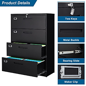 PEUKC 4 Drawer File Cabinet, Lateral Filing Cabinets for Home Office, Office Storage Drawers with Lock, Hanging Files Legal/Letter A4 Size (Assemble Required,Black)