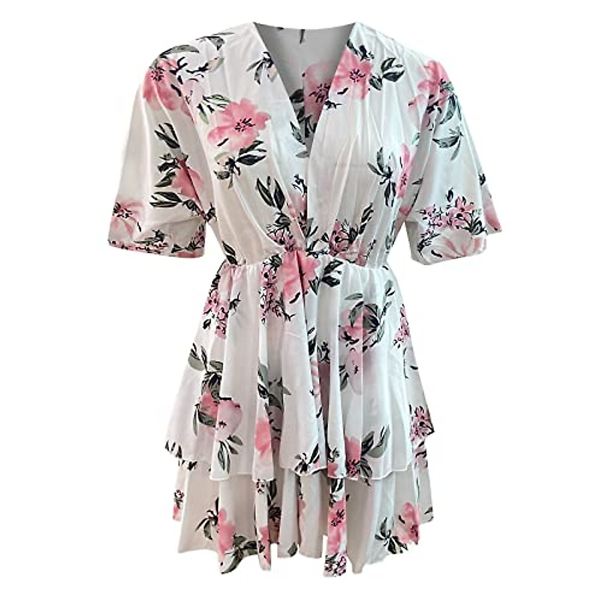 Womens Dresses 2023 Summer V Neck 3/4 Sleeve Casual Loose Beach Dress Plus Size Floral Swing A-Line Short Dresses Vacation Outfits for Women Cute Spring Clothes Mini Resort Wear(A White,Small)