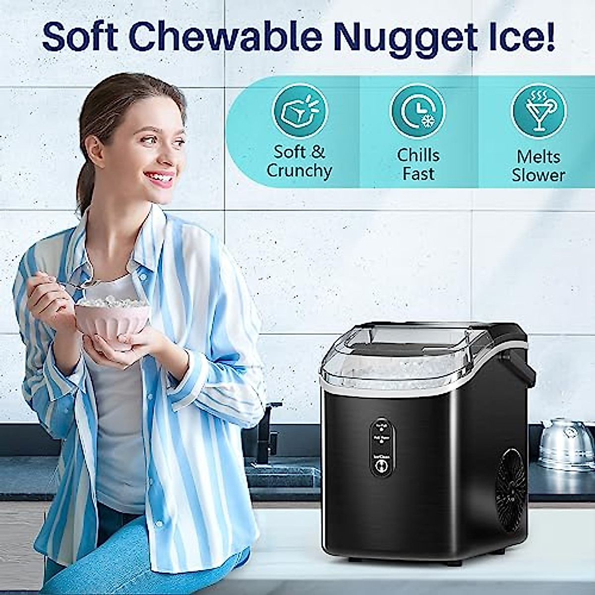 Nugget Ice Maker Countertop, FREE VILLAGE Pebble Ice Maker Machine, 33Lbs/Day, Self-Cleaning & Quiet, Portable Ice Machine with 1.2Qt Water Reservoir, Ice Scoop and Basket for Home Office Party RV