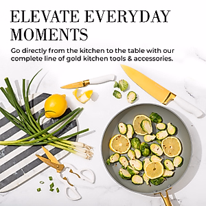 Gold Knife Set with Block Self Sharpening - 14 PC Luxurious Titanium Coated Gold and Off-White Kitchen Knife Set and White Knife Block with Sharpener, White and Gold Kitchen Accessories and Decor