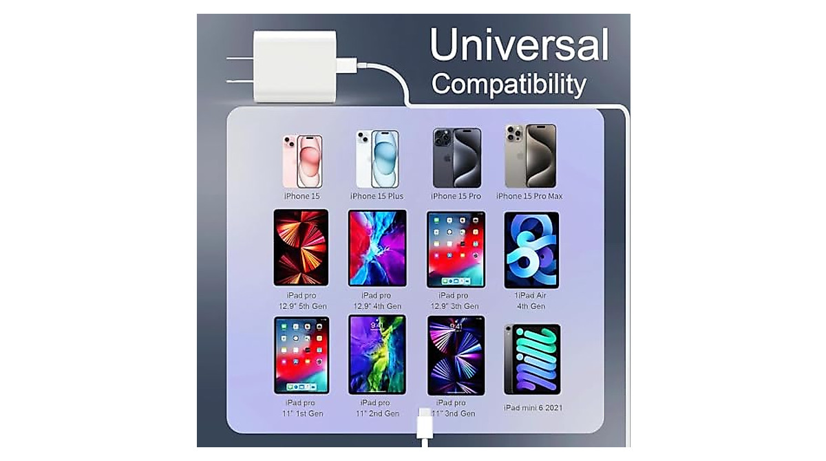 20W USB-C Fast Charger for iPhone 15 & iPad | 6.6ft Cable