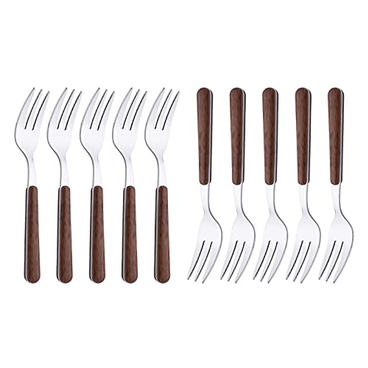 10-Piece Appetizer Small Forks, 5.7" Tasting Tea Forks Set, Stainless Steel Dessert Forks with Wooden Handle, 3-Tine Portable Cocktail Salad Fruit Forks for Party Travel (Silver & Faux Wood)