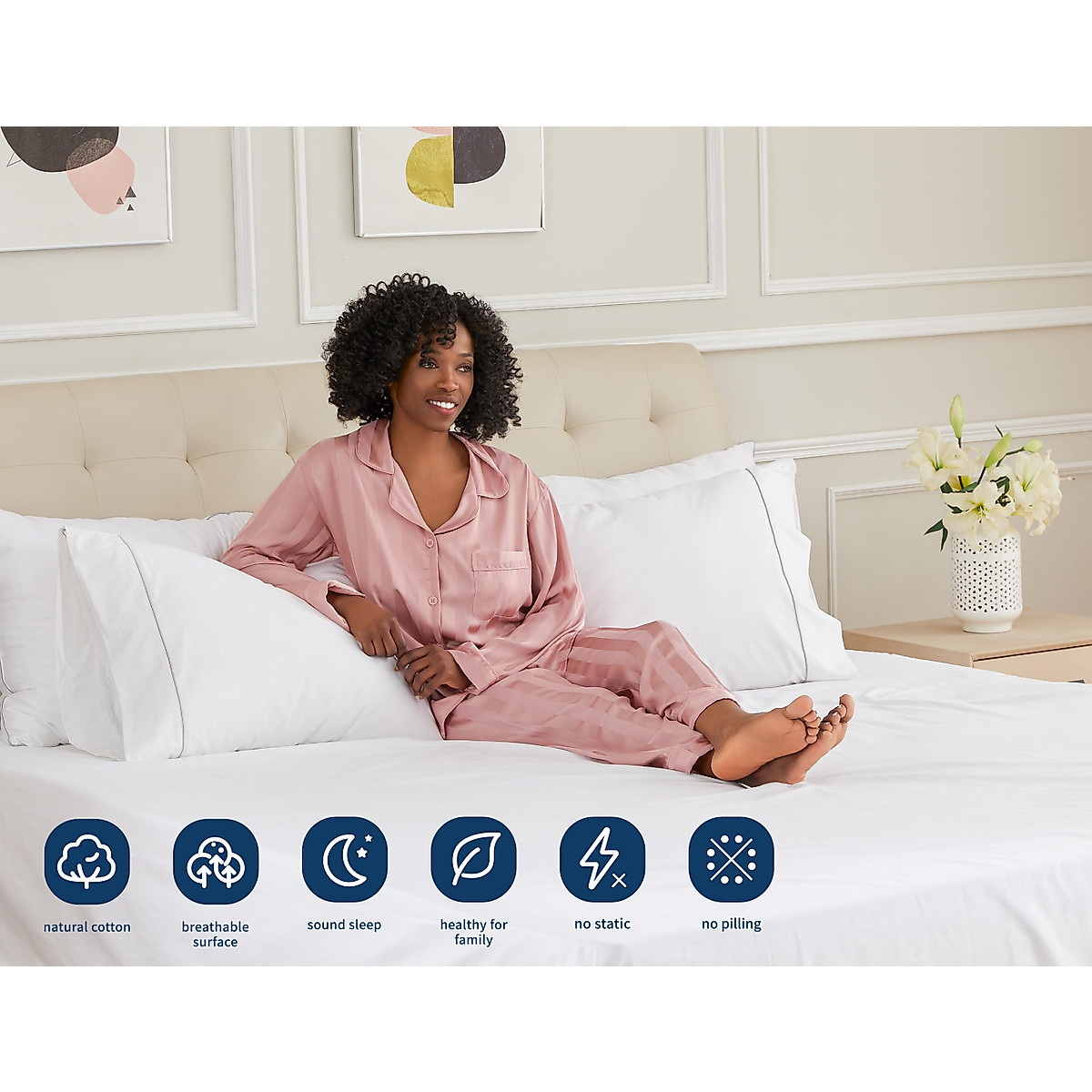 Sunflower Pillow Cases Queen Set of 2, 100% Cotton Queen Pillowcases, 20×30 inches with Silver Trim, Soft and Breathable, White