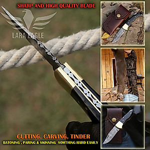 Lara Eagle Damascus Pocket Knife for Men - 133 Layer Solid Steel Handmade Folding Hunting Knives with Sharpner and Leather Pouch - Best Knife for Camping Hunting Hiking - Father’s Day Gifts for Men Husband Dad (Buffalo Horn Handle)