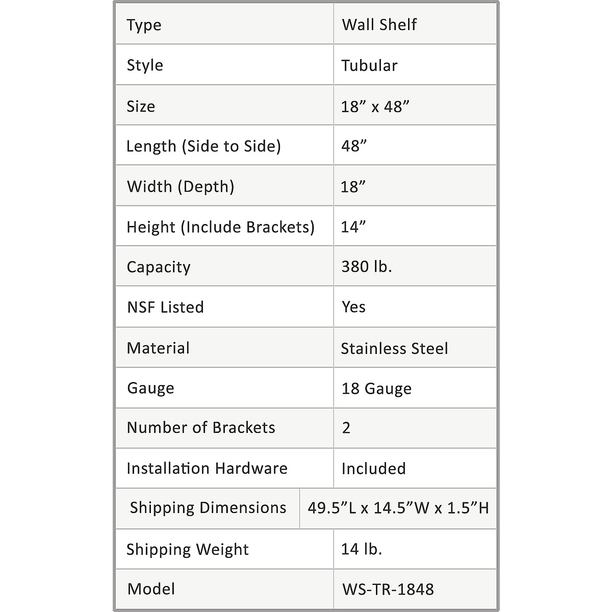 AmGood 48" Long X 18" Deep Stainless Steel Tubular Wall Shelf | NSF Certified | Appliance & Equipment Metal Shelving | Kitchen, Restaurant, Garage, Laundry, Utility Room