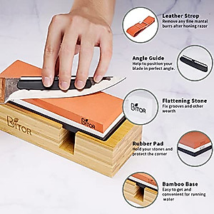 BRITOR Sharpening Stone Kit Whetstone knife sharpener 4 Side Grit 400/1000 3000/8000 Includes Non-Slip Rubber Holder Angle Guide Leather Strop and Gloves