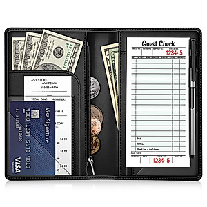 Fintie Server Book Organizer with Zipper Pocket, PU Leather Restaurant Guest Check Presenters Card Holder for Waitress, Waiter, Bartender (Black)