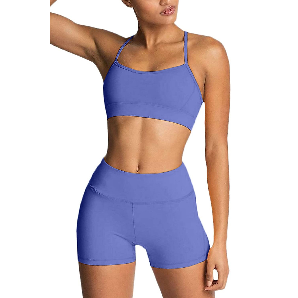 IMEKIS Workout Sets for Women 2 Piece Yoga Outfit: Tracksuits High Waisted Running Biker Shorts with Adjustable Strap Sport Bra Exercise Running Clothes Athletic Gym Sets Matching Active Wear Blue S