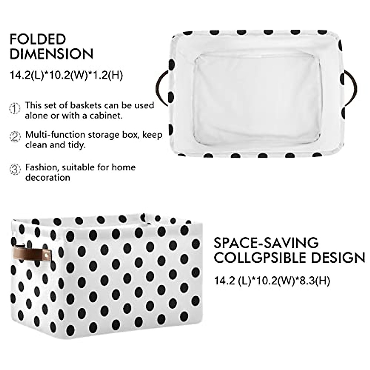 ALAZA Black Polka Dots on White Large Storage Basket with Handles Foldable Decorative 1 Pack Storage Bin Box for Organizing Living Room Shelves Office Closet Clothes