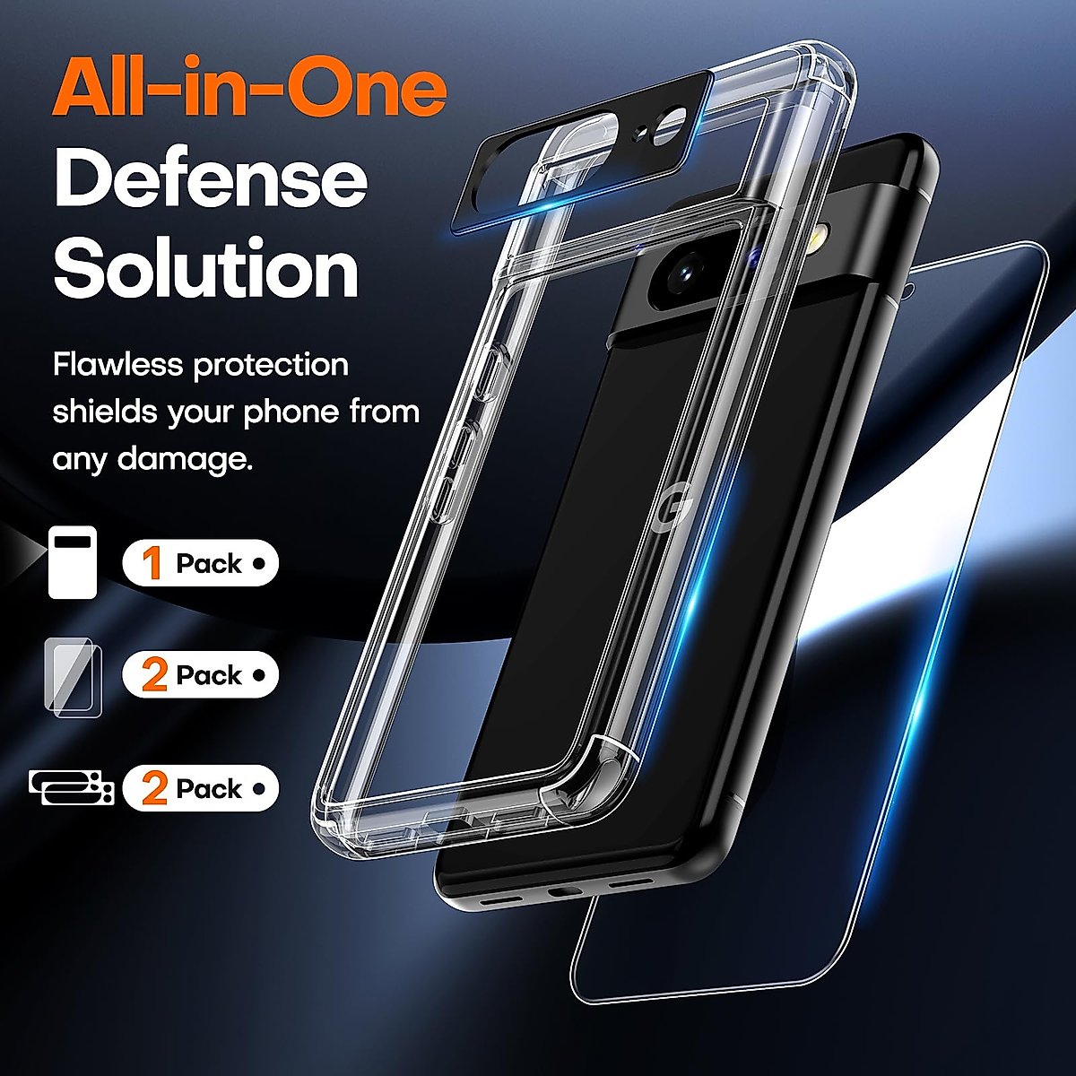 TAURI [5 in 1 Designed for Google Pixel 8 Case Clear, [Not Yellowing] with 2 Tempered Glass Screen Protector + 2 Camera Lens Protector, [Military Grade Drop Protection] Slim for Pixel 8 Phone Case