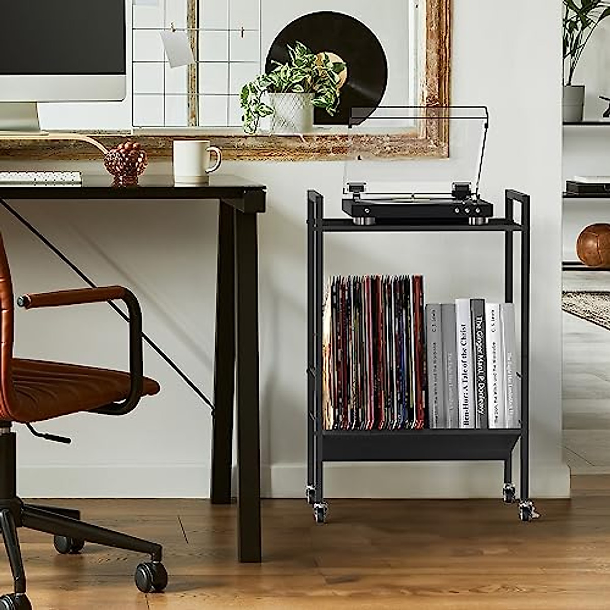 YBING Record Player Stand Black Record Player Table with Storage Up to 80 Albums Turntable Stand with Record Storage with Metal Frame and Wheels for Living Room Bedroom Office