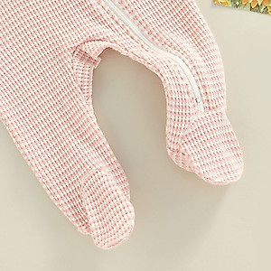 Kuriozud Newborn Baby Girl Striped Sleeper Zipper Footie Romper Ruffle One Piece Outfit Infant Clothes (0-3 Months, Striped Ruffle Pink)