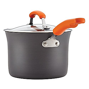 Rachael Ray Brights Hard Anodized Nonstick Sauce Pan/Saucepan with Lid, 3 Quart, Gray with orange handles