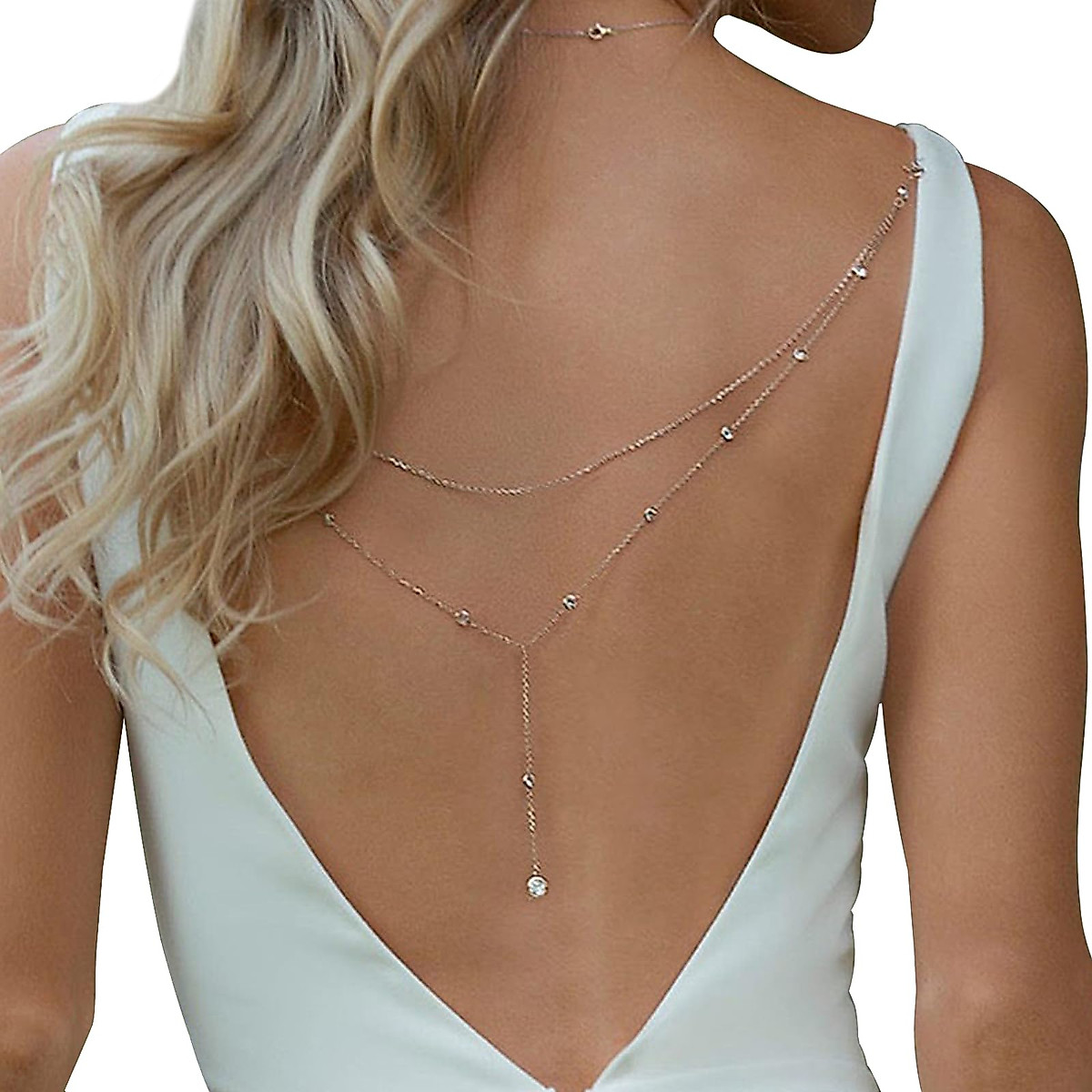 Elegant Gold Wedding Rhinestone Back Chain Necklace Double Layered Bridal Crystal Back Chain Jewelry Rhinestone Backdrop Necklace Crystal Shoulder Necklace Body Chain Jewelry for Women(Rhinestone)