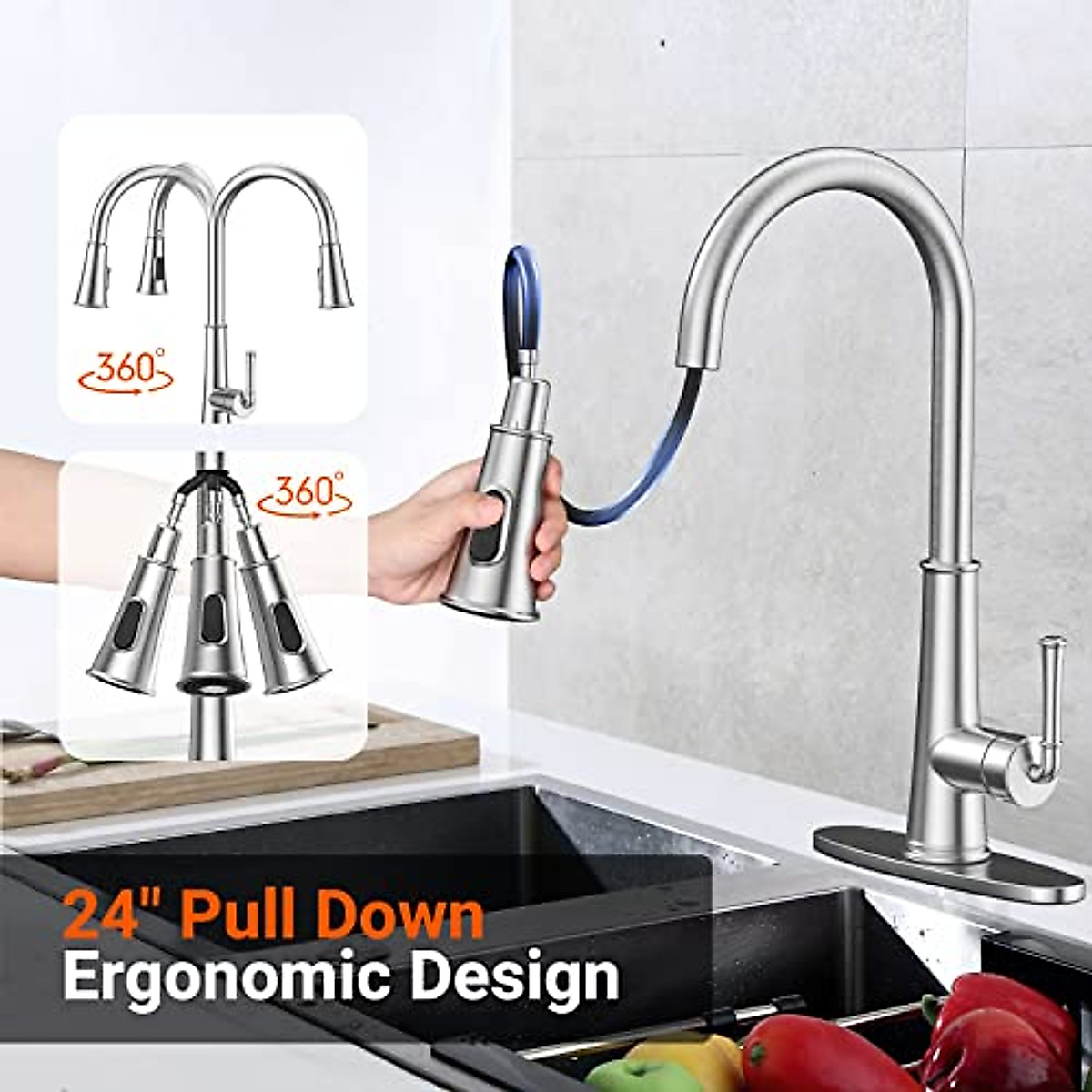 Kitchen Faucet with Pull Down Sprayer - LEPO Kitchen Sink Faucet with Led Light, Brushed Nickel, High Arc Commercial Stainless Steel Pull Out Rv Kitchen Faucet Bar（No Batteries Required）
