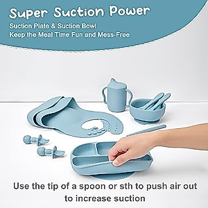 MumEZ Silicone Baby Feeding Set, Baby Led Weaning Supplies, 2 Pcs Adjustable Silicone Bibs, Baby Plates and Bowls with Suction, Baby Spoons Forks, Sippy Cup, Eating Utensils for 6+ Month(Ether)