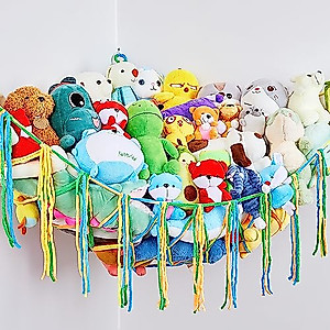 Basumee Stuffed Animals Net or Hammock Toy Storage Organizer Toy Hammock Hanging Stuffed Animals Storage Holder with Tassels for Nursery Kids Bedroom Room Wall Décor, Yellow-Green