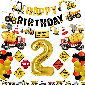 Construction 2nd Birthday Party Supplies Dump Truck Party Decorations Kits Set for Kids Two Years Old Birthday with Cake Toppers Balloons Banners Signs