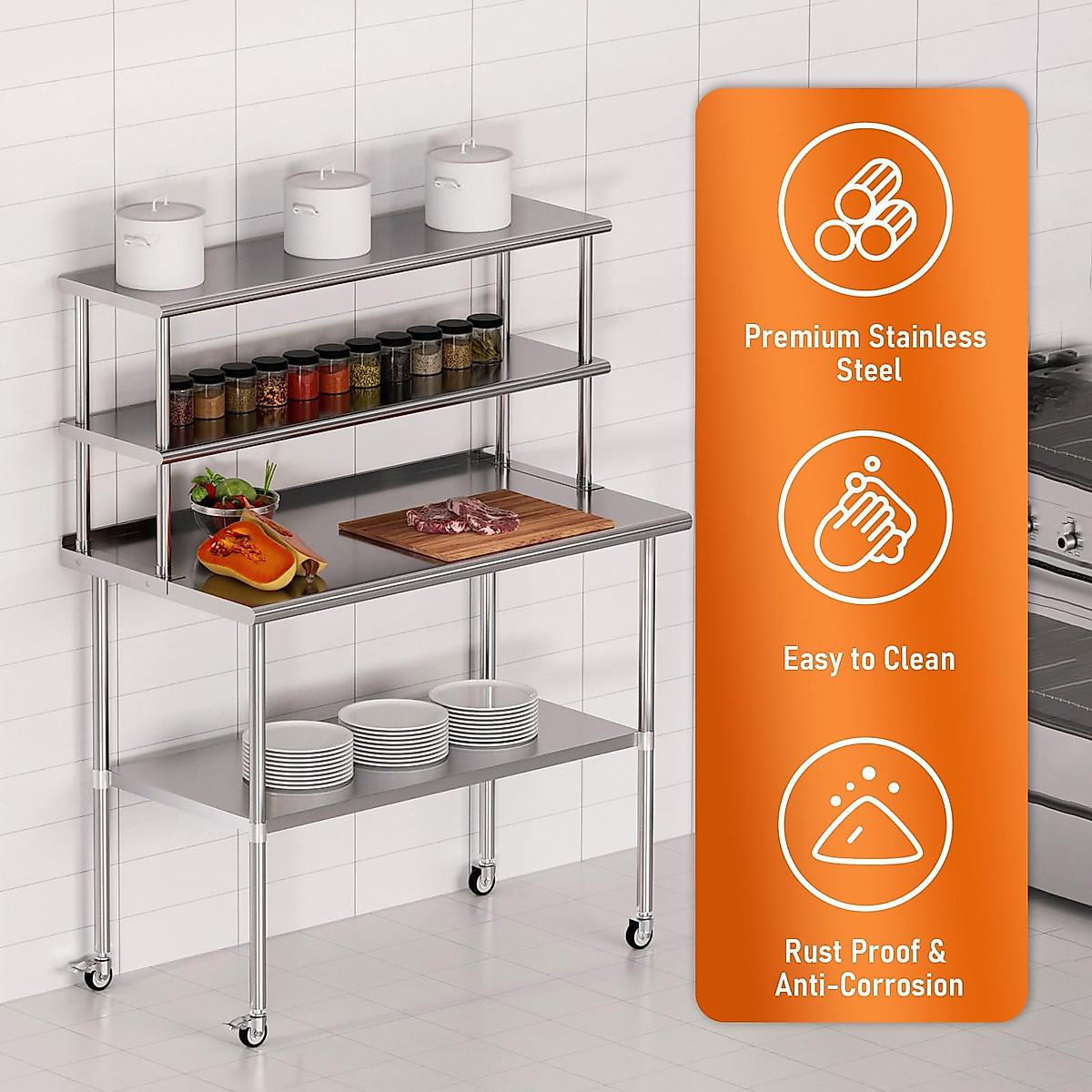 HOCCOT Stainless Steel Double Overshelf 12''x48'' Commercial Double Tier Shelf for Prep & Work Table, Adjustable Height 2 Tier Deck Shelf Load 360lb for Kitchen, Home, Restaurant and Storage Room