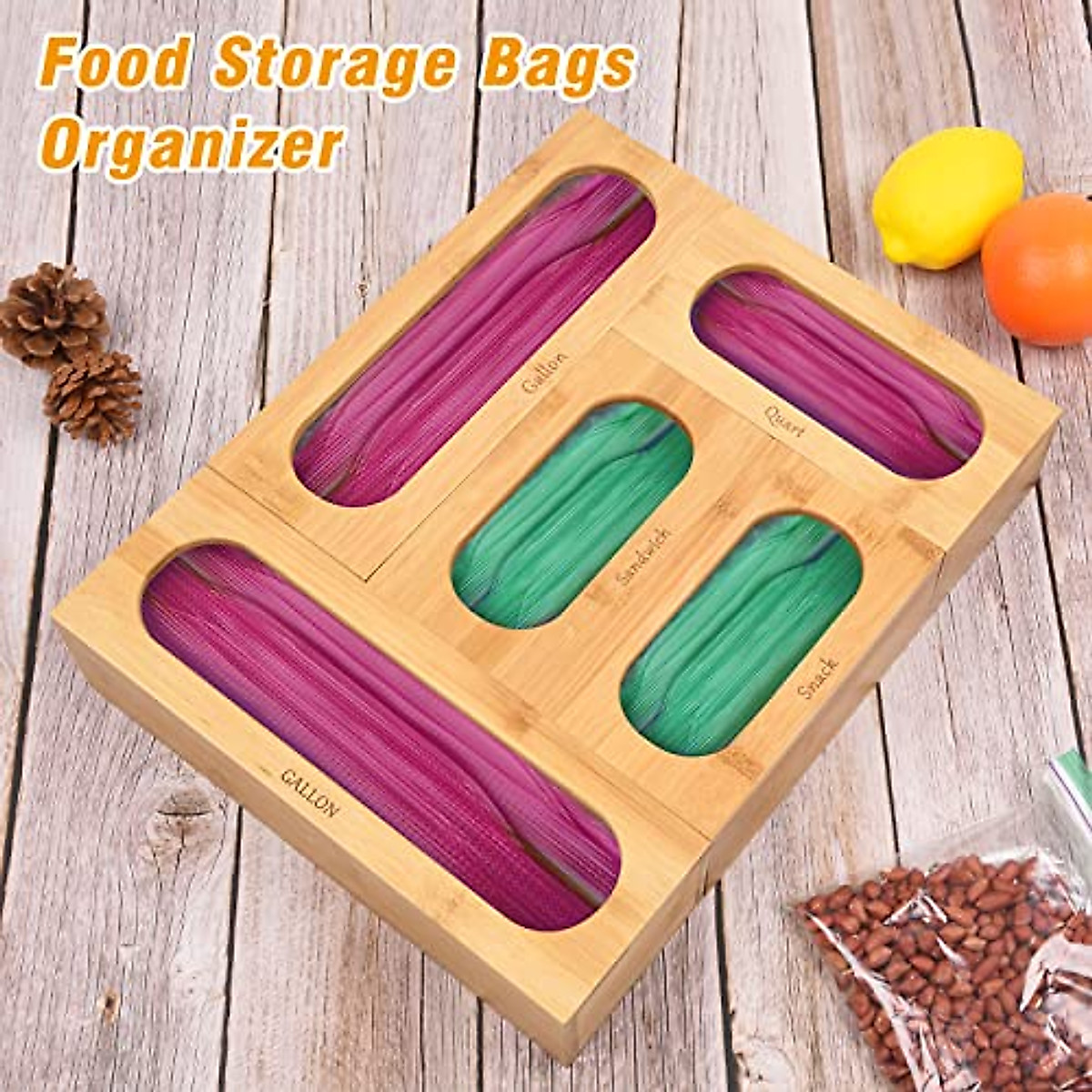 Bag Storage Organizer for Kitchen Drawer, Bamboo Organizer, Compatible with Ziplock Gallon, Quart, Sandwich and Snack Variety Size Bag (Parted)