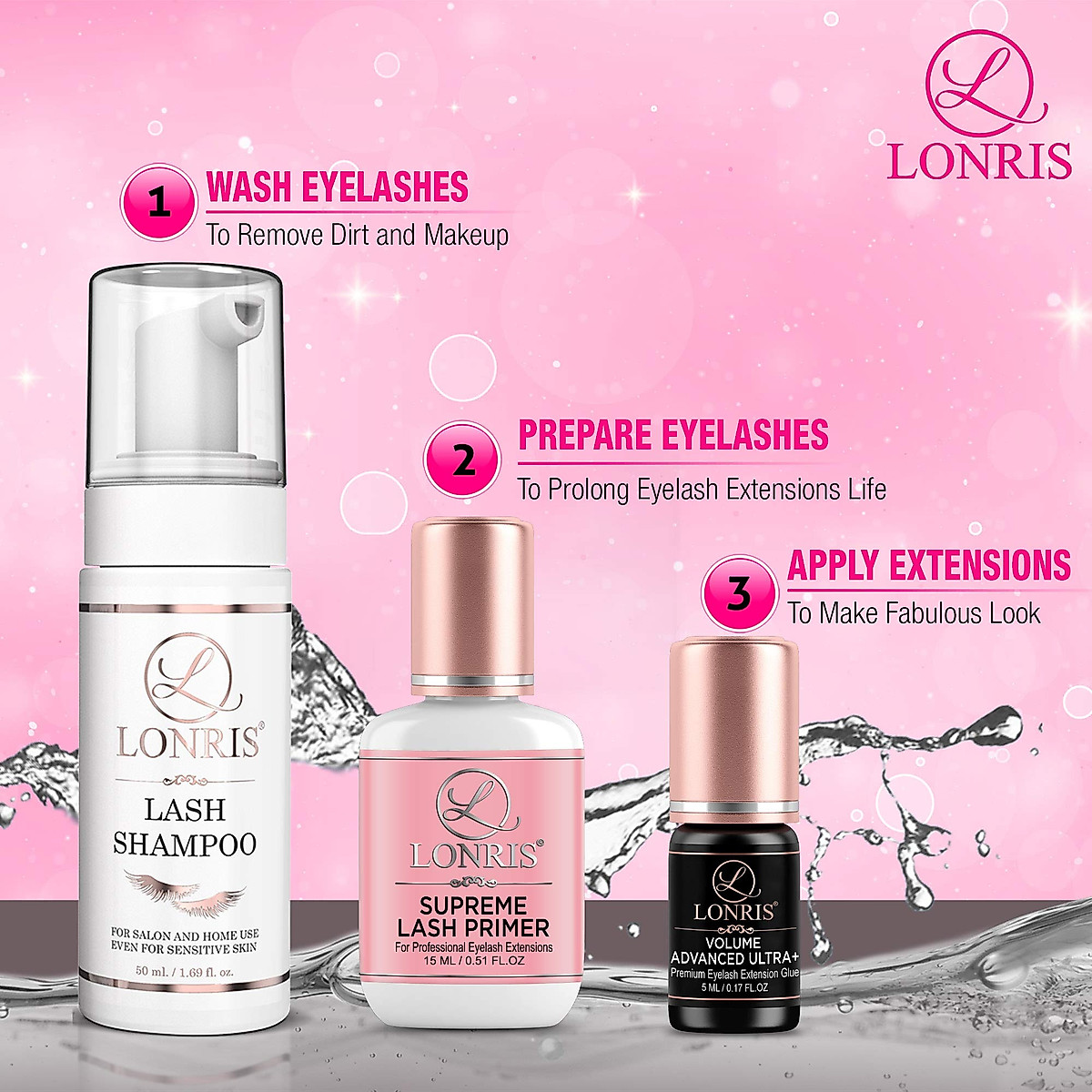 2 in 1 Eyelash Extension Shampoo & Mascara Remover/LONRIS Eyelid Foaming Cleanser/Extensions and Natural Lashes Safe Foam/False Eyelashes Makeup Wash/Paraben & Sulfate Free/Personal and Salon Use 50ml