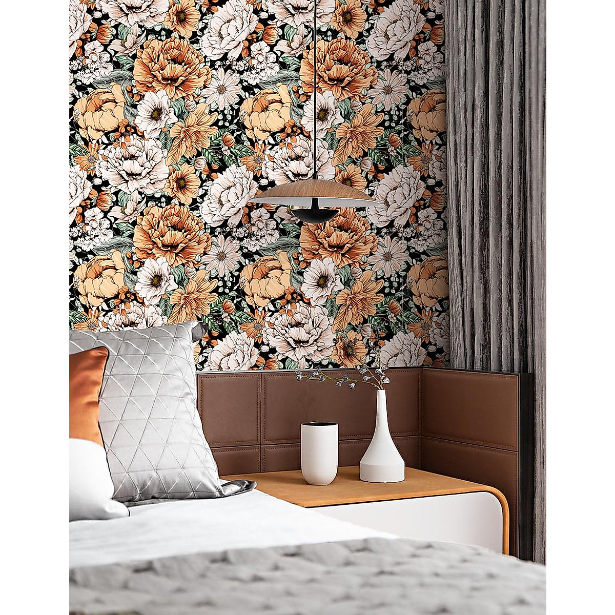 HAOKHOME 93191 Vintage Peel and Stick Floral Wallpaper Removable Large Peony Black/Orange/Pink Vinyl Self Adhesive Mural 17.7in x 9.8ft