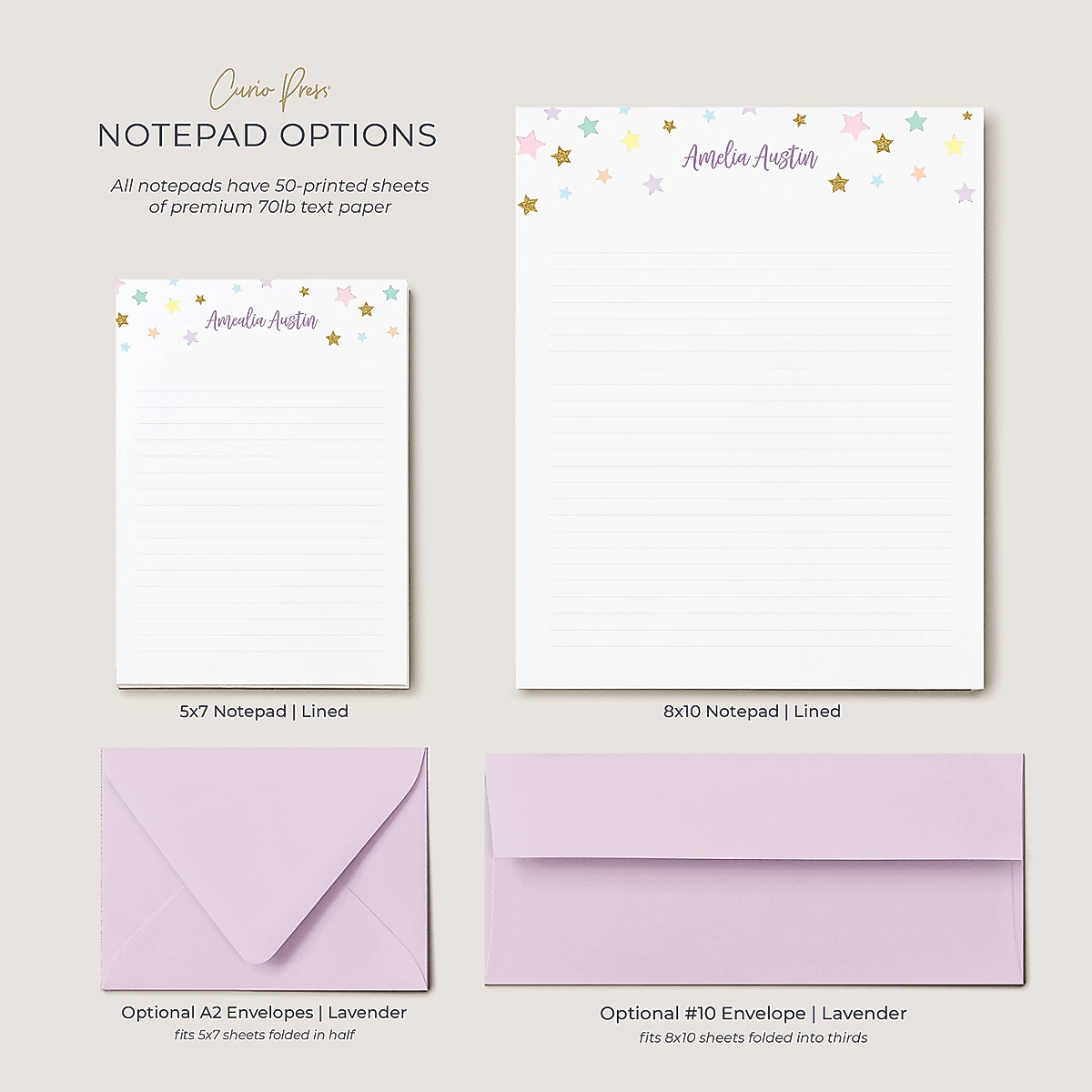 Personalized Cute Pastel Star NOTEPAD with Lines, Custom Kids, Young Girl Stationary Writing Pad - STARS NOTEPAD