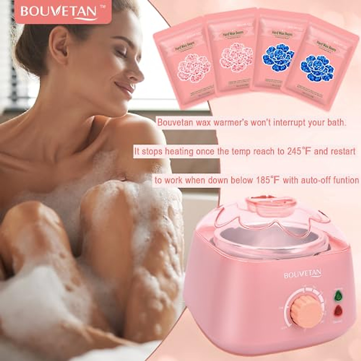 Bouvetan Waxing Kit for Women - Warmer with 17.5oz Hard Wax Beads, 20 Wax Sticks for Face, Eyebrow, Armpit, Arms, Legs, Bikini Hair Removal