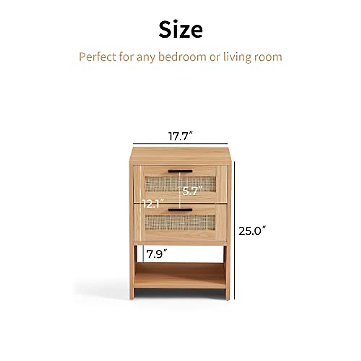 Mido Mido 2 Drawer Rattan Nightstand, Sturdy&Durable Natural Solid Wood Nightstand, End Table, Light Wood Bedside Table Wood Accent Table with Storage for Bedroom, Living Room, Natural