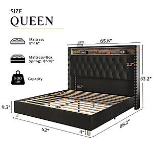 Jocisland Queen Size Bed Frame 53.6'' Tall Headboard LED Lights and Charging Station, Velvet High Upholstered Platform Bed Wingback Storage, No Box Spring Needed, No Motion Light Under Bed, Black