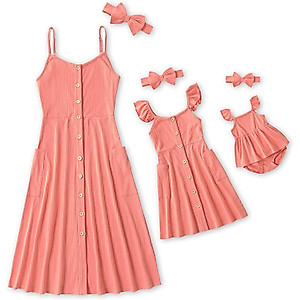 IFFEI Mommy and Me Dresses Matching Set Solid Front Button Family Matching Sleeveless Dresses with Headband and Pockets 3-6M Cora