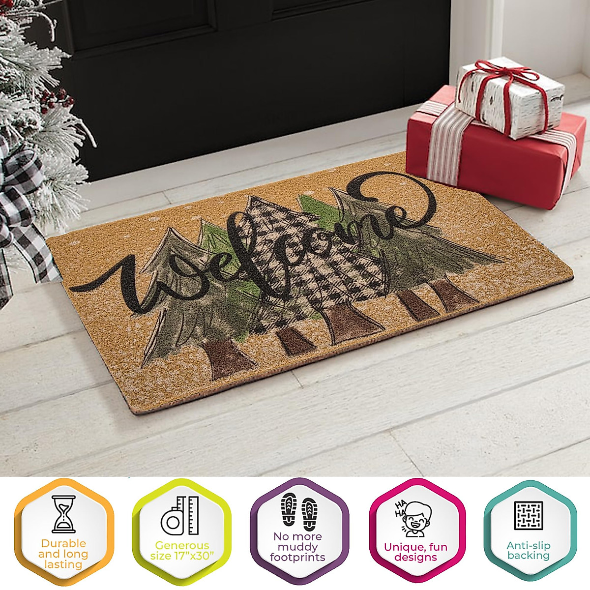 UTOWO Winter Xmas Welcome-Doormat Non-Slip Front-Door-Mats - Plaid Pine-Tree Snow Entrance Mat Porch Home Christmas Decor