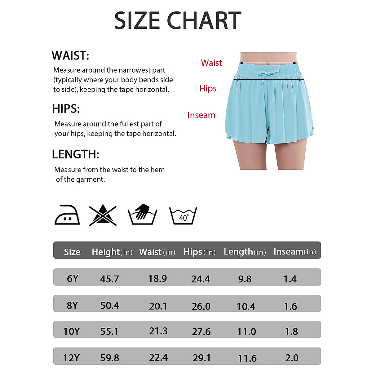EXARUS Girls Butterfly Flowy Shorts Athletic Running 2 in 1 Cheer Preppy Tennis Dance Flutter with Pockets High Waisted Kids Light Blue 6Y