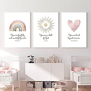 Boho Nursery Wall Art 3 Pieces Bible Verse Nursery Art Christian Girls Nursery Wall Art Heart Rainbow Sun Nursery Art Print Boho Sunshine Nursery Decor for Girl Baby Kid Room Decor 12x16 Inch Unframed