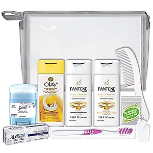 Convenience Kits International Women's 10-Piece Deluxe Kit with Travel Size TSA Compliant Essentials, Featuring: Pantene Hair Products in Reusable Toiletry Bag - Clear color