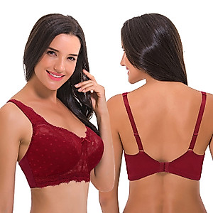 Curve Muse Women's Plus Size Minimizer Lace Full Coverage Unlined Wireless Bra-2Pack-Red,Black-36DDD