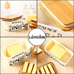 Lumicook porcelain butter dish with lid, Natural bamboo lid, seal included for airtight butter dish, butter holder easily fits 2 sticks of butter (White)