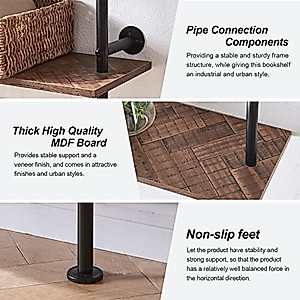 HOMISSUE Industrial Bookshelf 6-Tier Open Wall Mount Ladder Bookshelf, Modern Bookcase with Metal Frame and Wood for Home Office, Wall Mounted Industrial Iron Pipe Shelf, Brown